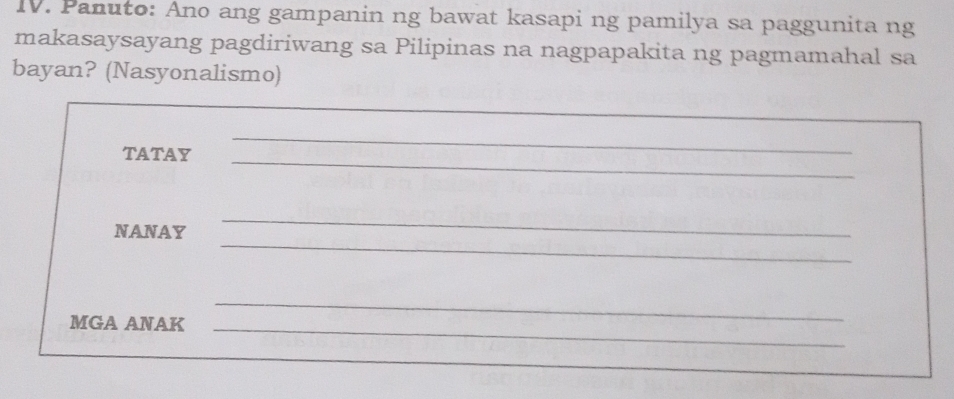 Solved: Panuto: Ano ang gampanin ng bawat kasapi ng pamilya sa ...
