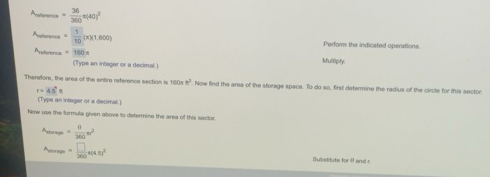Solved: A_roference = 36/360 π (40)^2 A_ Rreferen = 1/10 (π )(1,600 ...