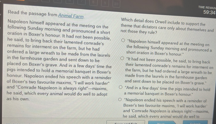Solved: 10 TIME REMAIN 59:34 Read the passage from Animal Farm. Which ...