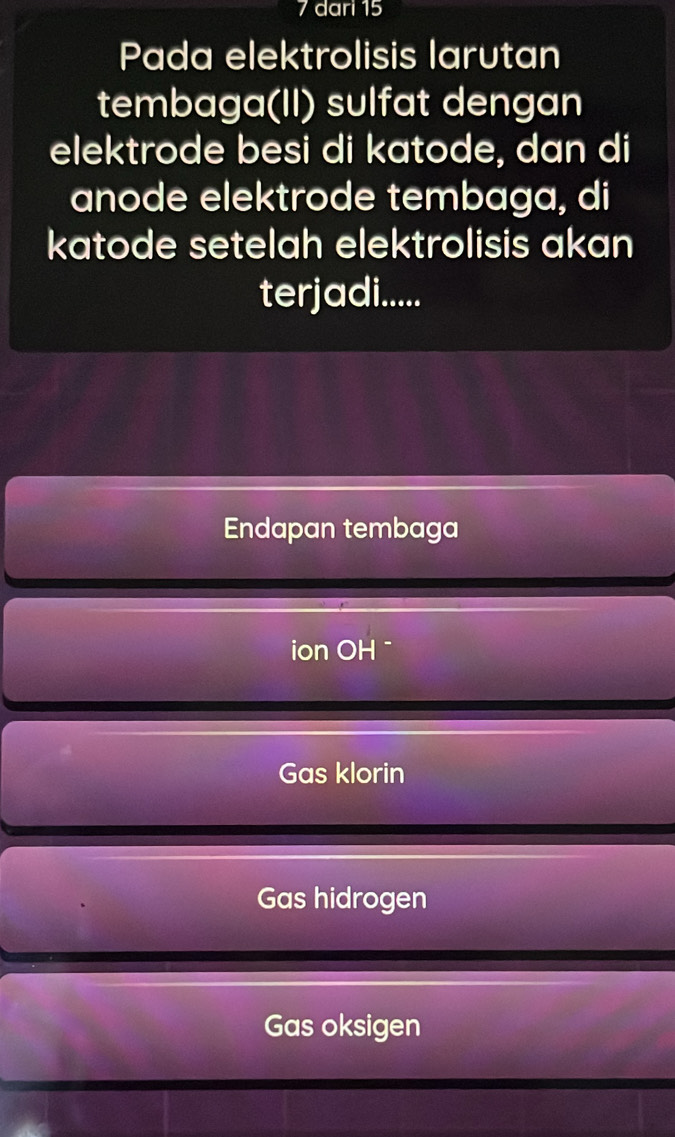 Telah dijawab:dari 15 Pada elektrolisis larutan tembaga(II) sulfat ...