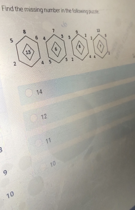 Solved: Find the missing number in the following puzzle. 14 12 11 10 9 ...