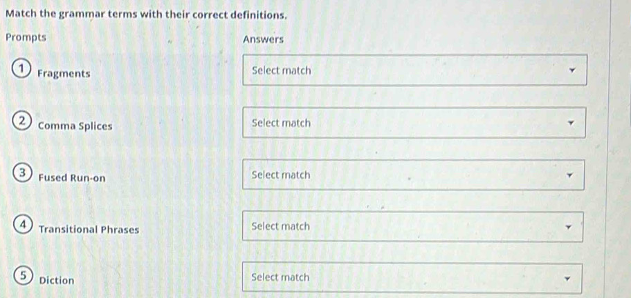 Solved: Match the grammar terms with their correct definitions. Prompts ...