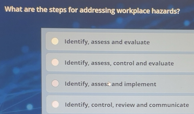 Solved: What are the steps for addressing workplace hazards? Identify ...