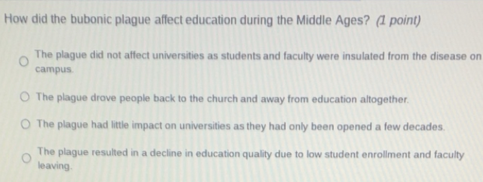Solved: How did the bubonic plague affect education during the Middle ...