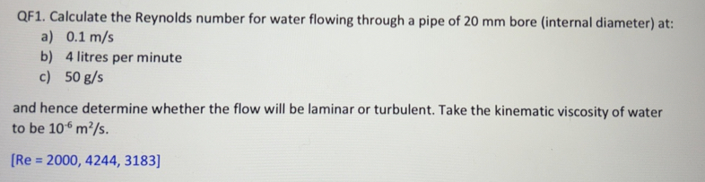 Solved: QF1. Calculate the Reynolds number for water flowing through a ...