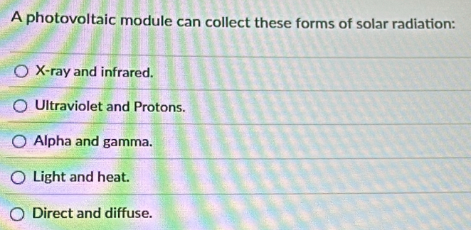 Solved: A photovoltaic module can collect these forms of solar ...
