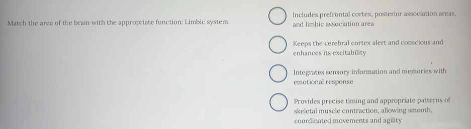 Solved: Includes prefrontal cortex, posterior association areas, Match ...
