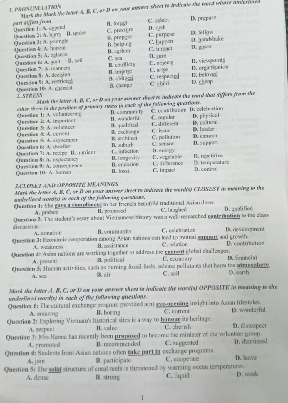 Giải quyết:PRONUNCIATION Mark the Mark the letter A, B, C, or D on your ...