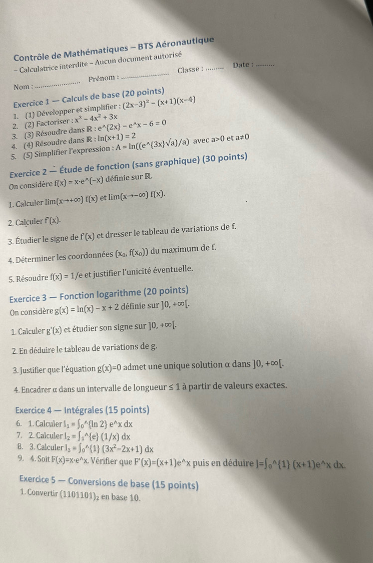 Résolu :Contrôle de Mathématiques - BTS Aéronautique - Calculatrice ...