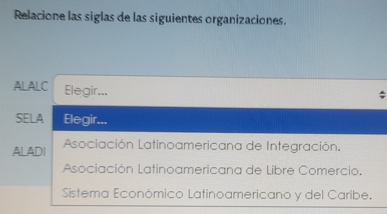 Resuelto:Relacione las siglas de las siguientes organizaciones. ALALC ...