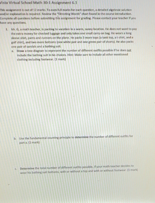 Solved: Vista Virtual School Math 30-1 Assignment 6.1 This assignment ...