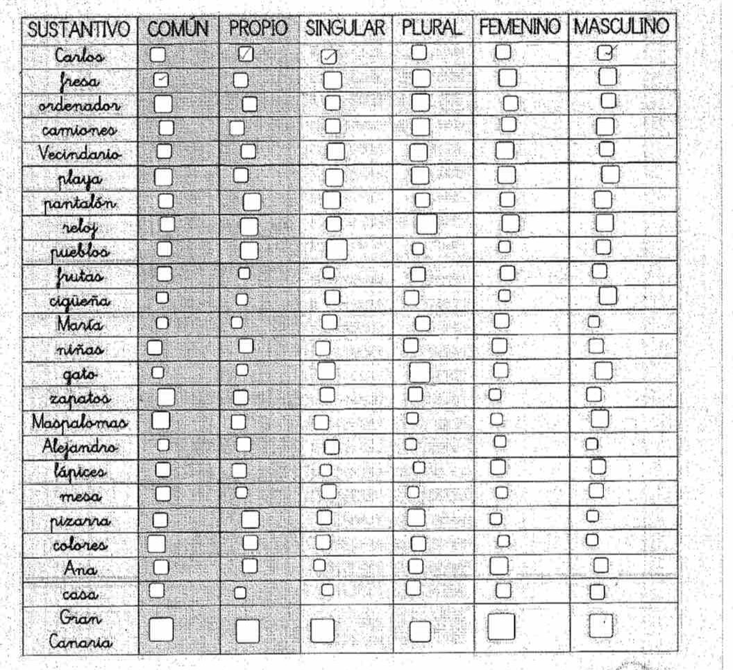 Solved: SUSTANTIVO COMÚN PROPIO SINGULAR PLURAL FEMENINO MASCULINO ...