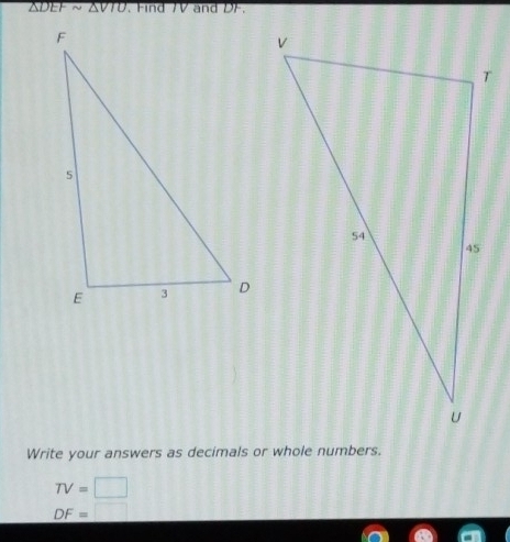 Solved: overline DEF VTO. Find TV and DF. Write your answers as ...