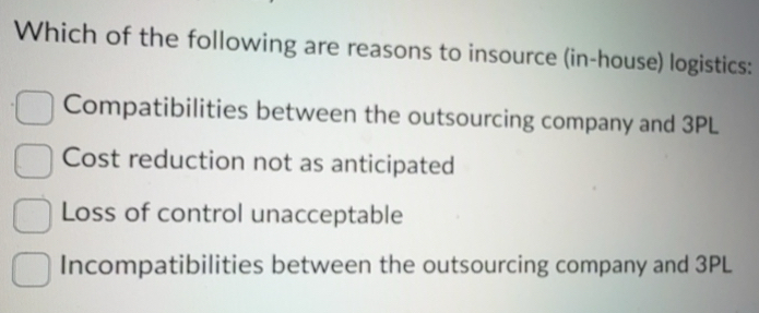 Solved: Which of the following are reasons to insource (in-house ...