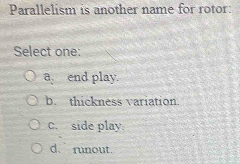 Solved: Parallelism is another name for rotor: Select one: a end play ...