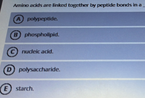 Solved: Amino acids are linked together by peptide bonds in a_ A polypeptide. B phospholipid. C ...