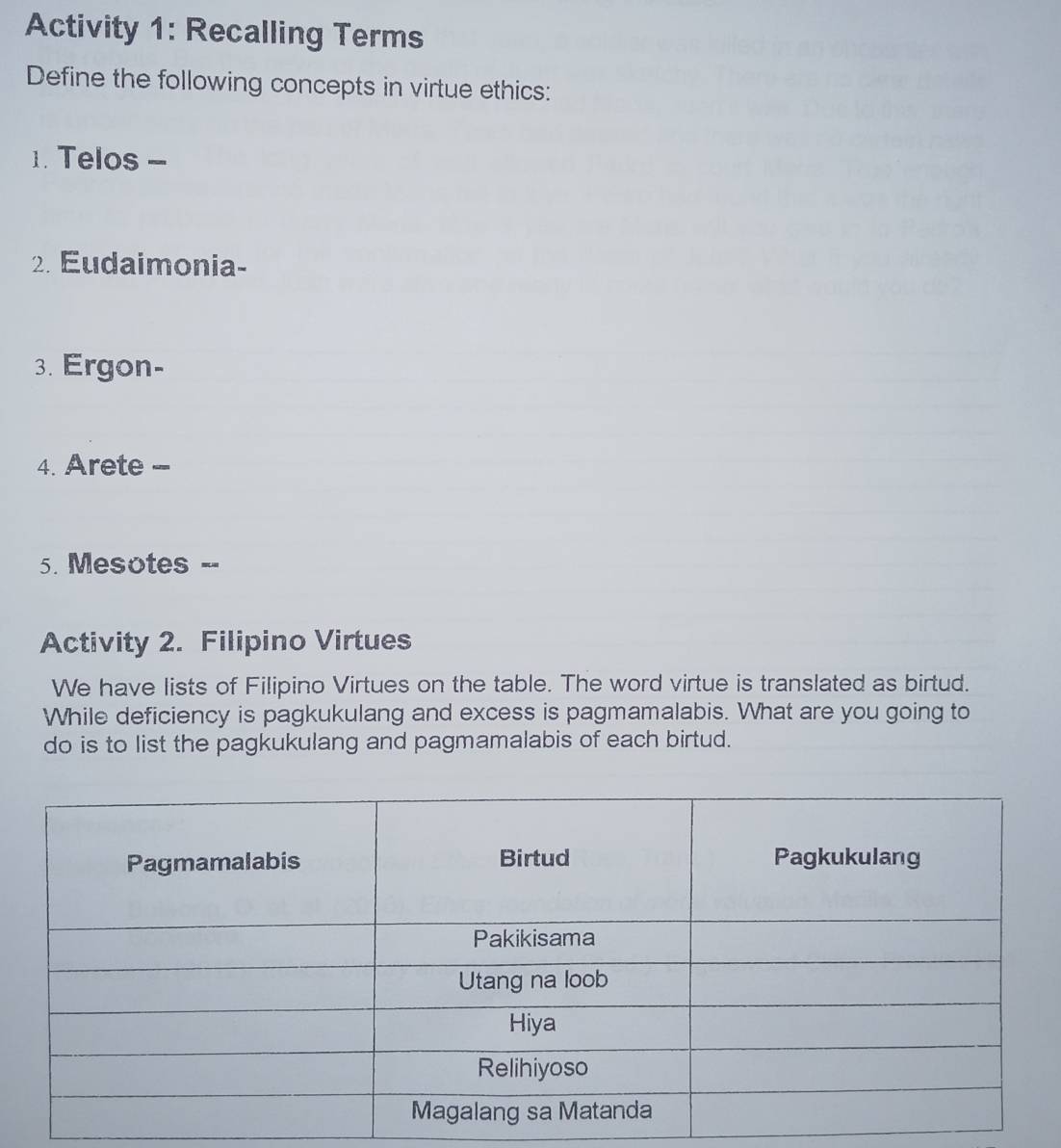 Solved: Activity 1: Recalling Terms Define the following concepts in ...