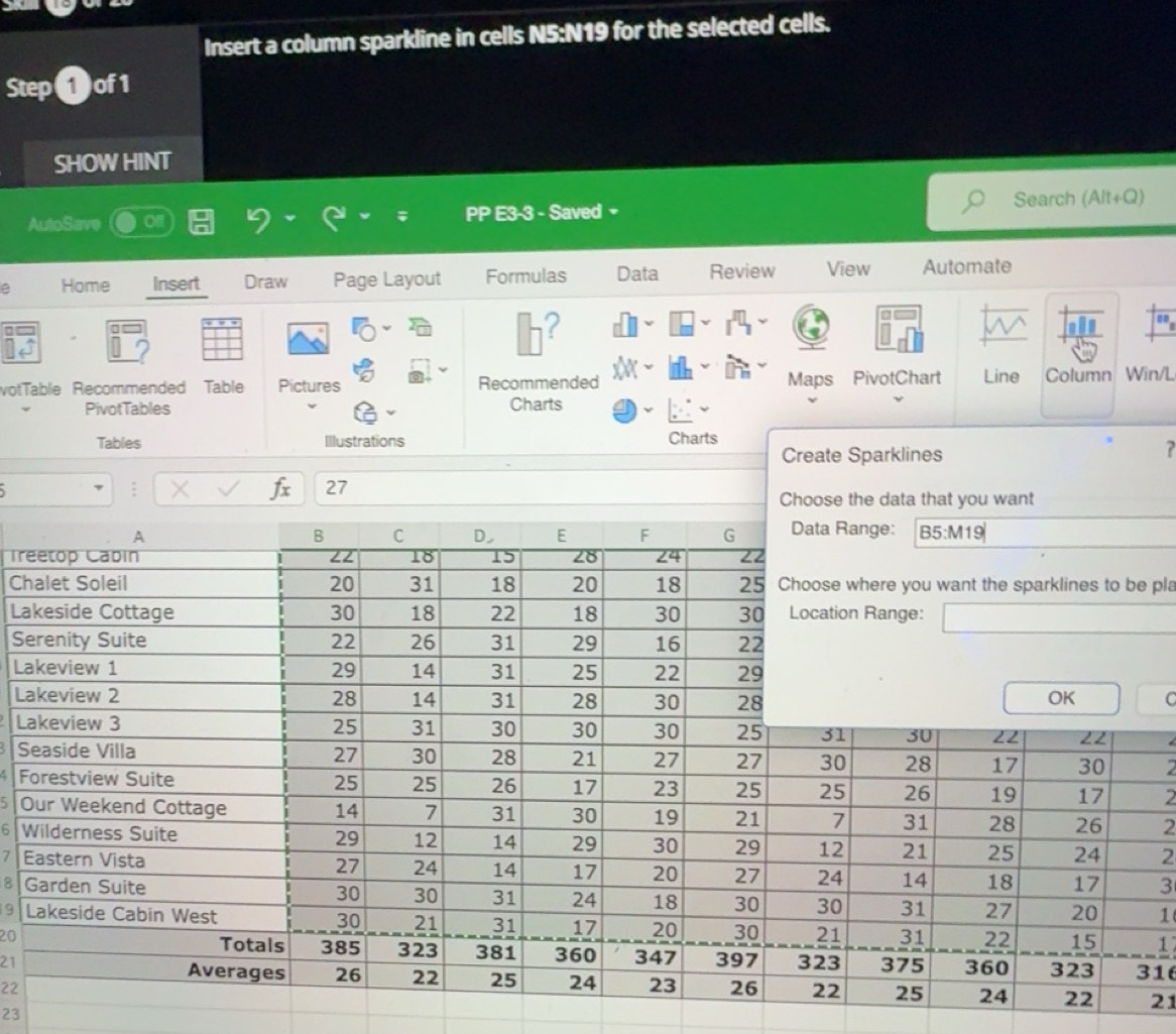 Solved: Insert a column sparkline in cells N5:N19 for the selected cells. Step(1)of 1 SHOW HINT ...