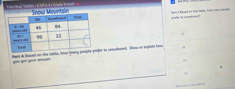Solved: Two Way Tables | 8.SP.A.4 | Grade 8 Math = Snow Mountain Part A ...