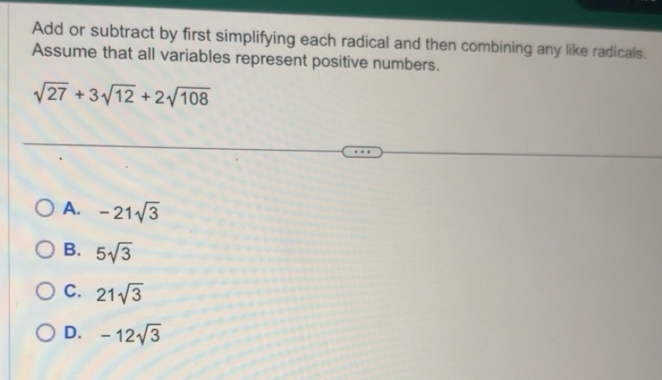 Solved: Add or subtract by first simplifying each radical and then ...