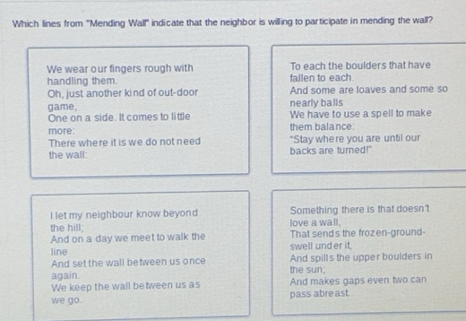Solved: Which lines from 'Mending Wall" indicate that the neighbor is ...
