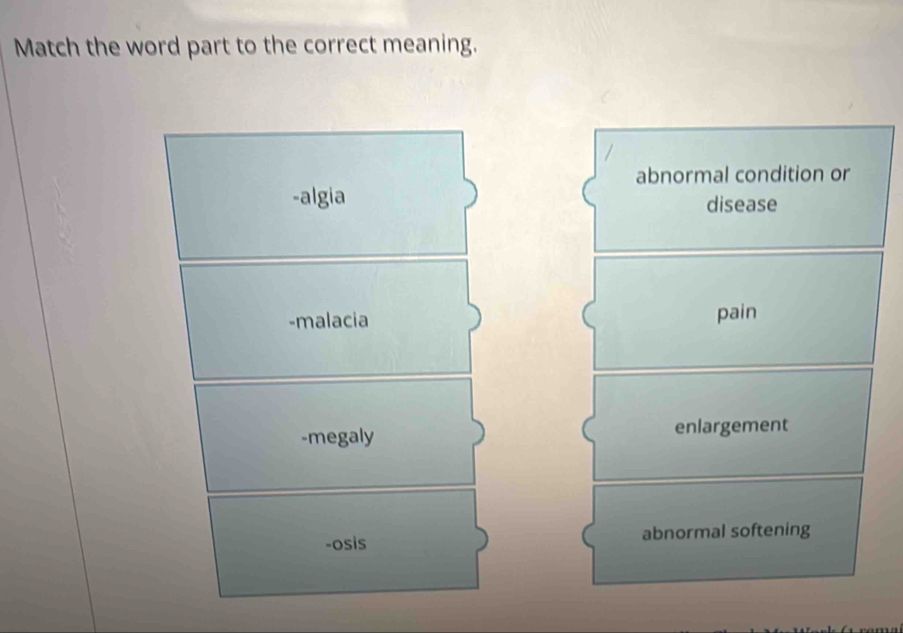 Solved: Match the word part to the correct meaning. abnormal condition ...