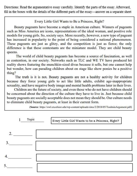 Solved: Directions: Read the argumentative essay carefully. Identify ...