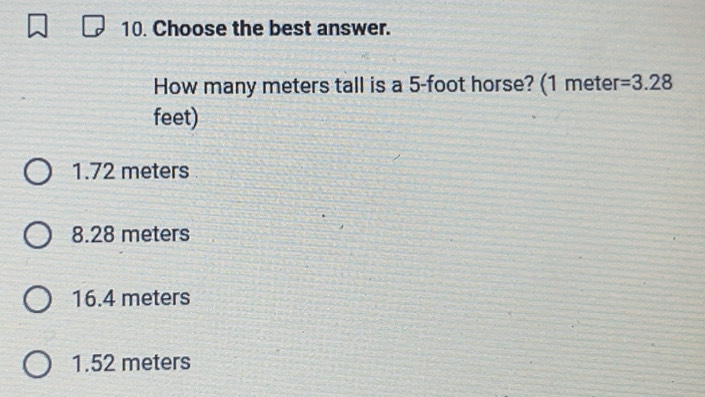 Solved: Choose the best answer. How many meters tall is a 5-foot horse ...