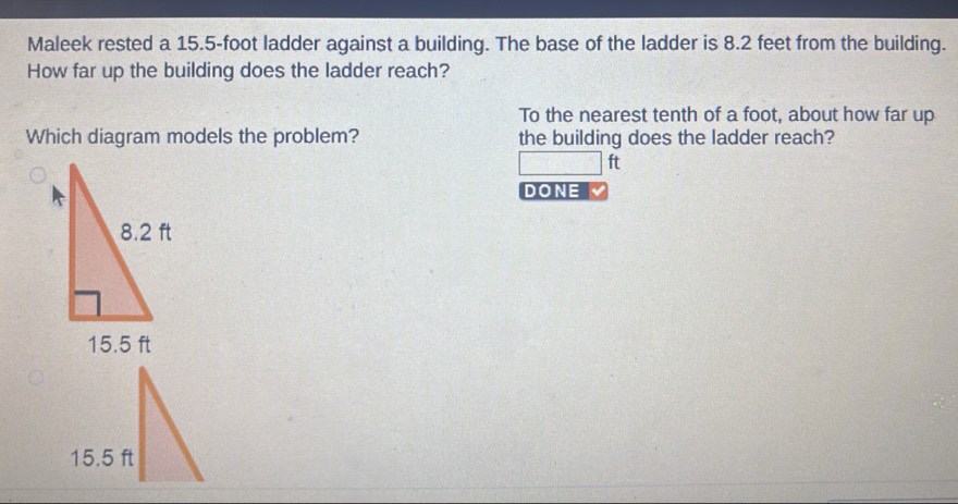 Solved: Maleek rested a 15.5-foot ladder against a building. The base ...