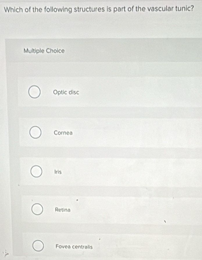 Solved: Which of the following structures is part of the vascular tunic ...
