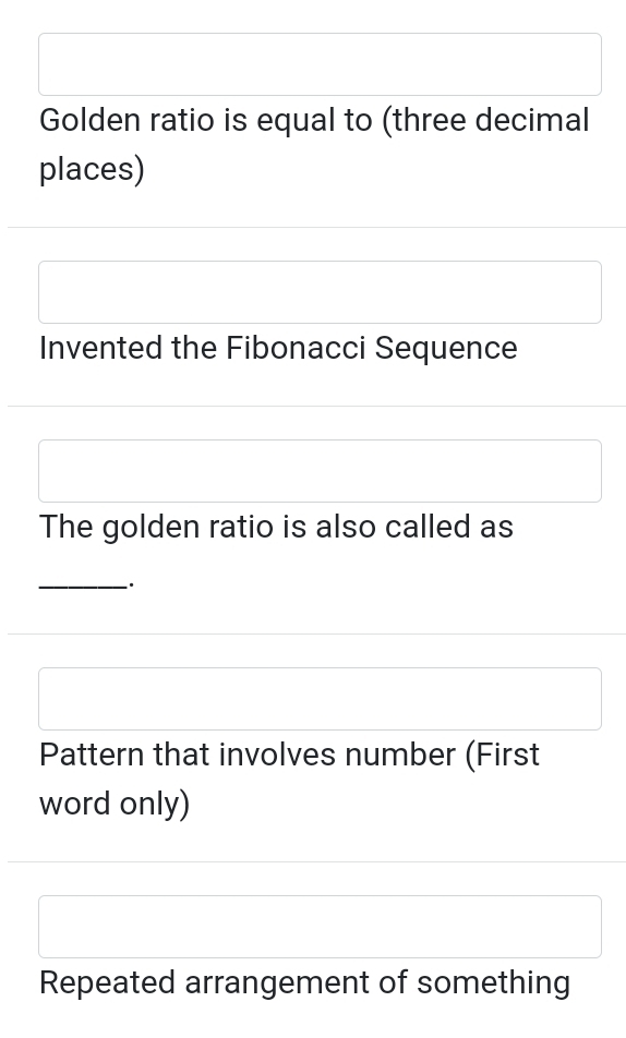 Solved: Golden ratio is equal to (three decimal places) Invented the ...