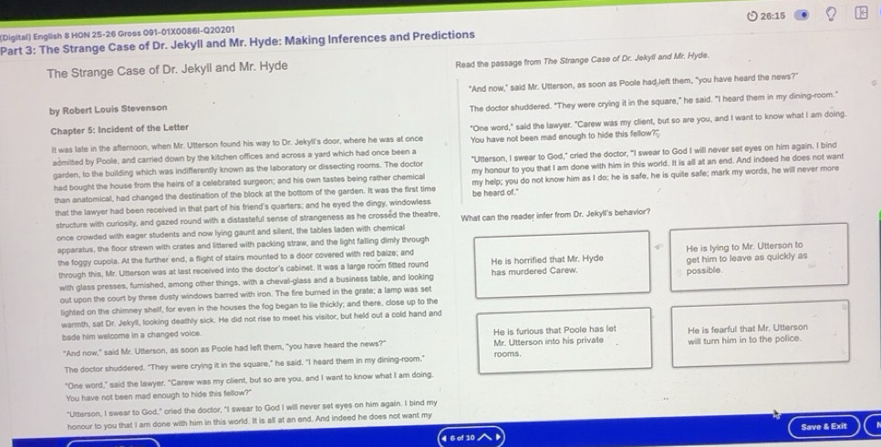 Solved: 26:15 (Digital) English 8 HON 25-26 Gross 091-01X0086I-Q20201 ...