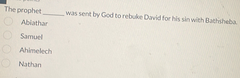 Solved: The prophet_ was sent by God to rebuke David for his sin with ...