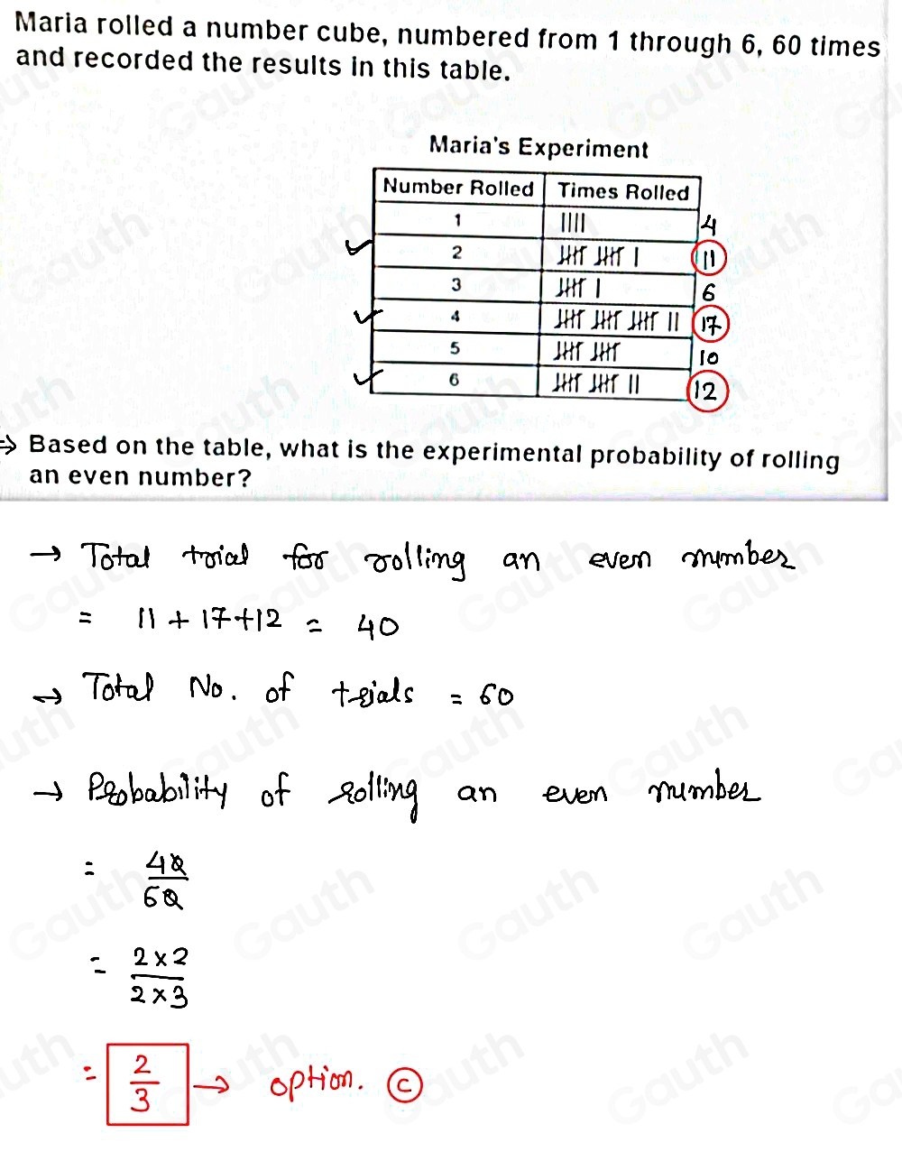 Solved: Maria rolled a number cube, numbered from 1 through 6, 60 times and recorded the results ...