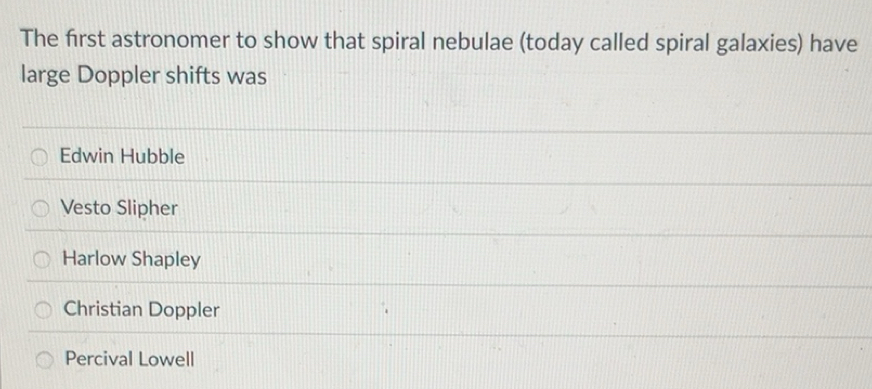 Solved: The first astronomer to show that spiral nebulae (today called ...