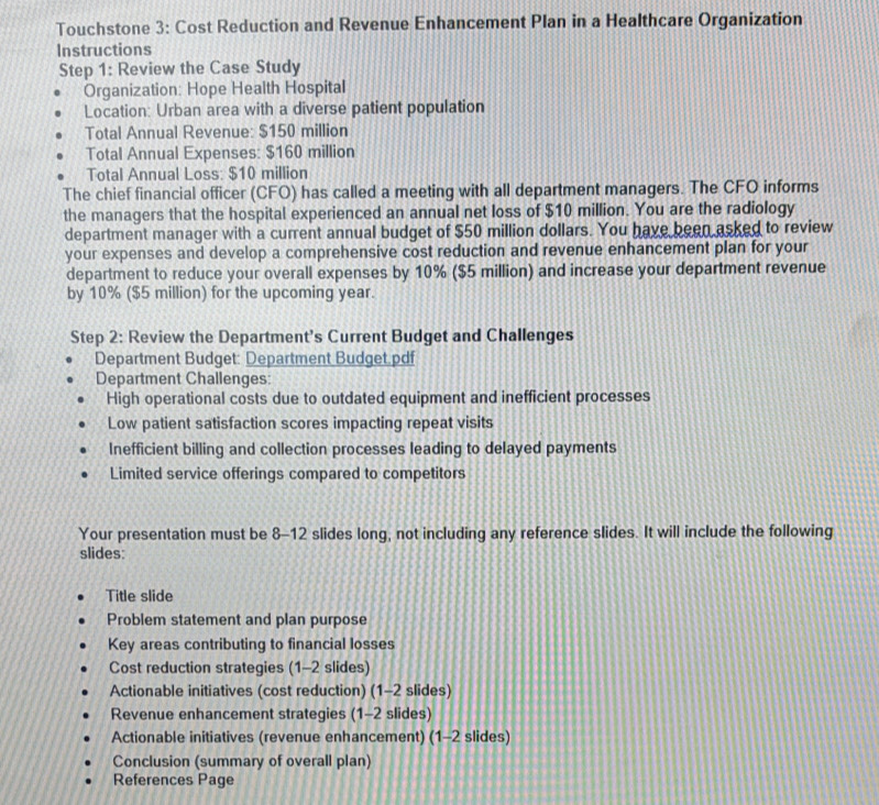 Solved: Touchstone 3: Cost Reduction and Revenue Enhancement Plan in a ...