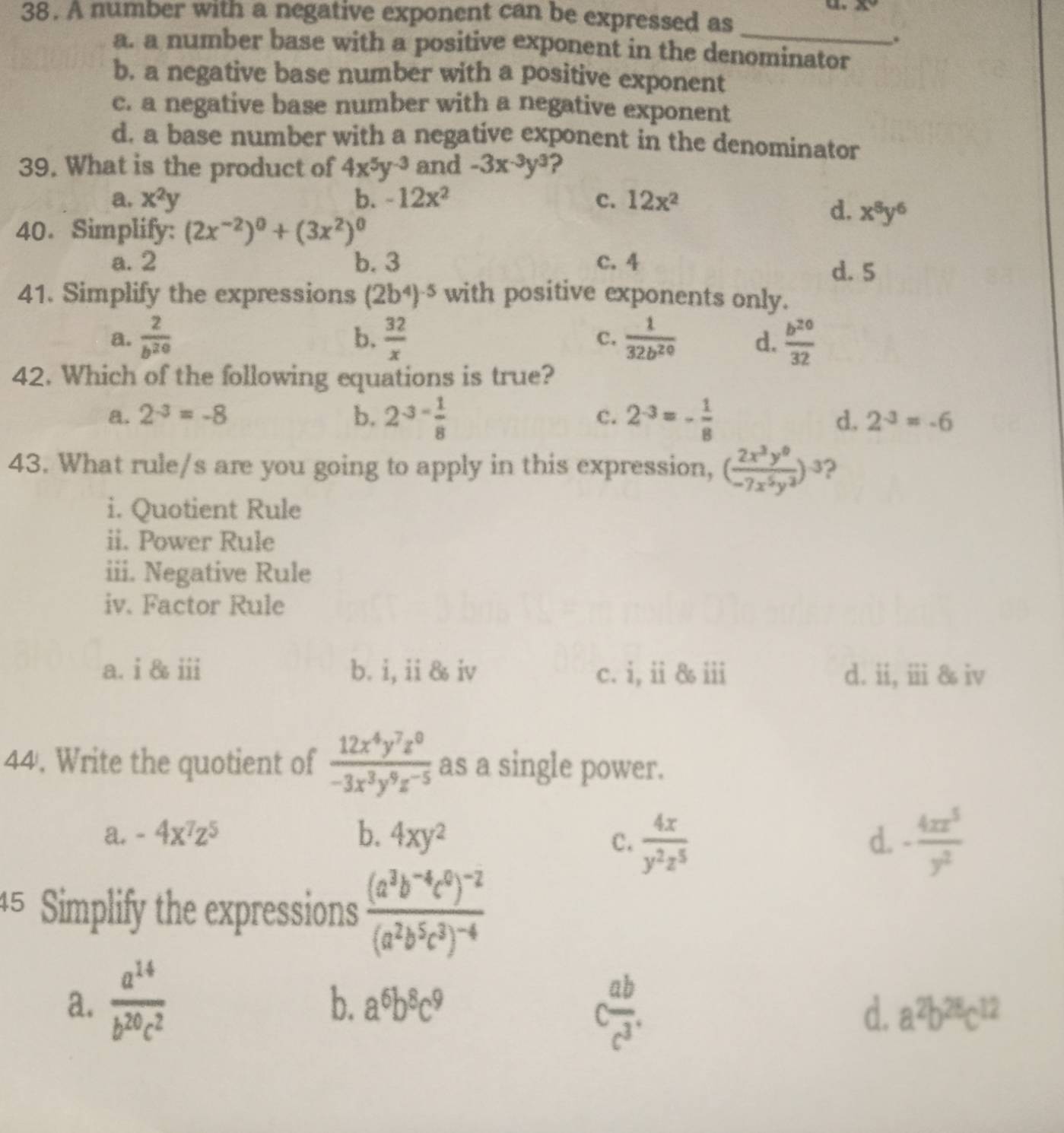 Solved: x° 38. À number with a negative exponent can be expressed as ...