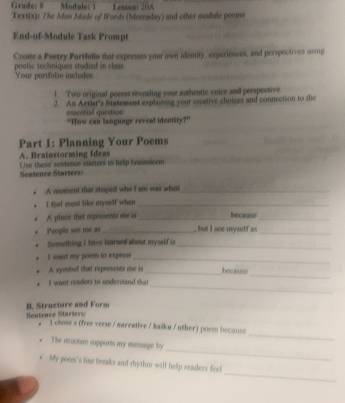 Solved: Grade: 8 Module: 1 Lesson: 20A Text(s): The Mon Made of Words ...