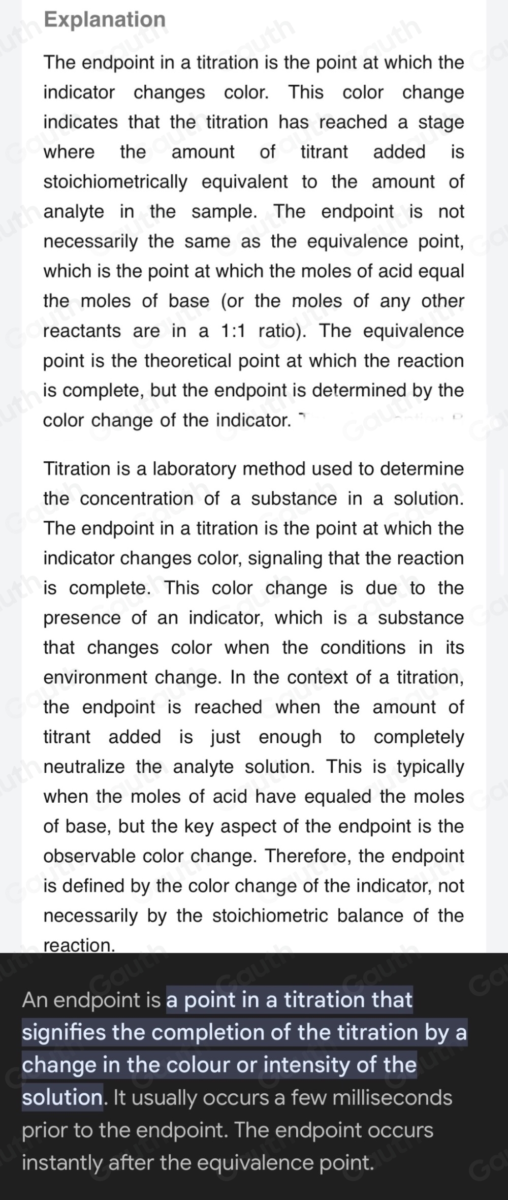 Solved: What is the endpoint in relation to a titration? The chemical ...