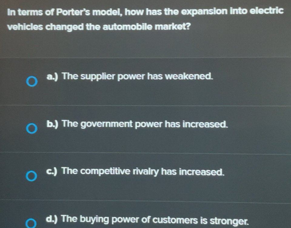 Solved: In terms of Porter's model, how has the expansion into electric ...