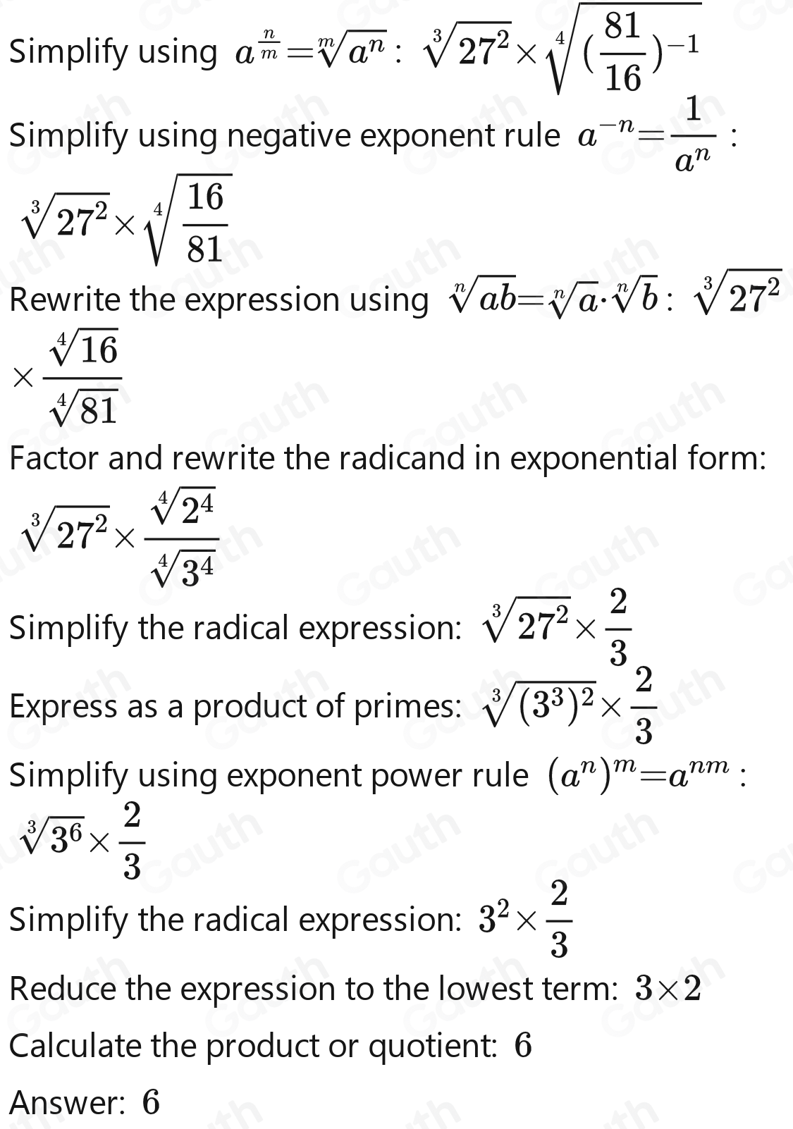 Solved: Without using mathematical tables or a calculator, evaluate: 27^(frac 2)3* ( 81/16 )^- 1 ...