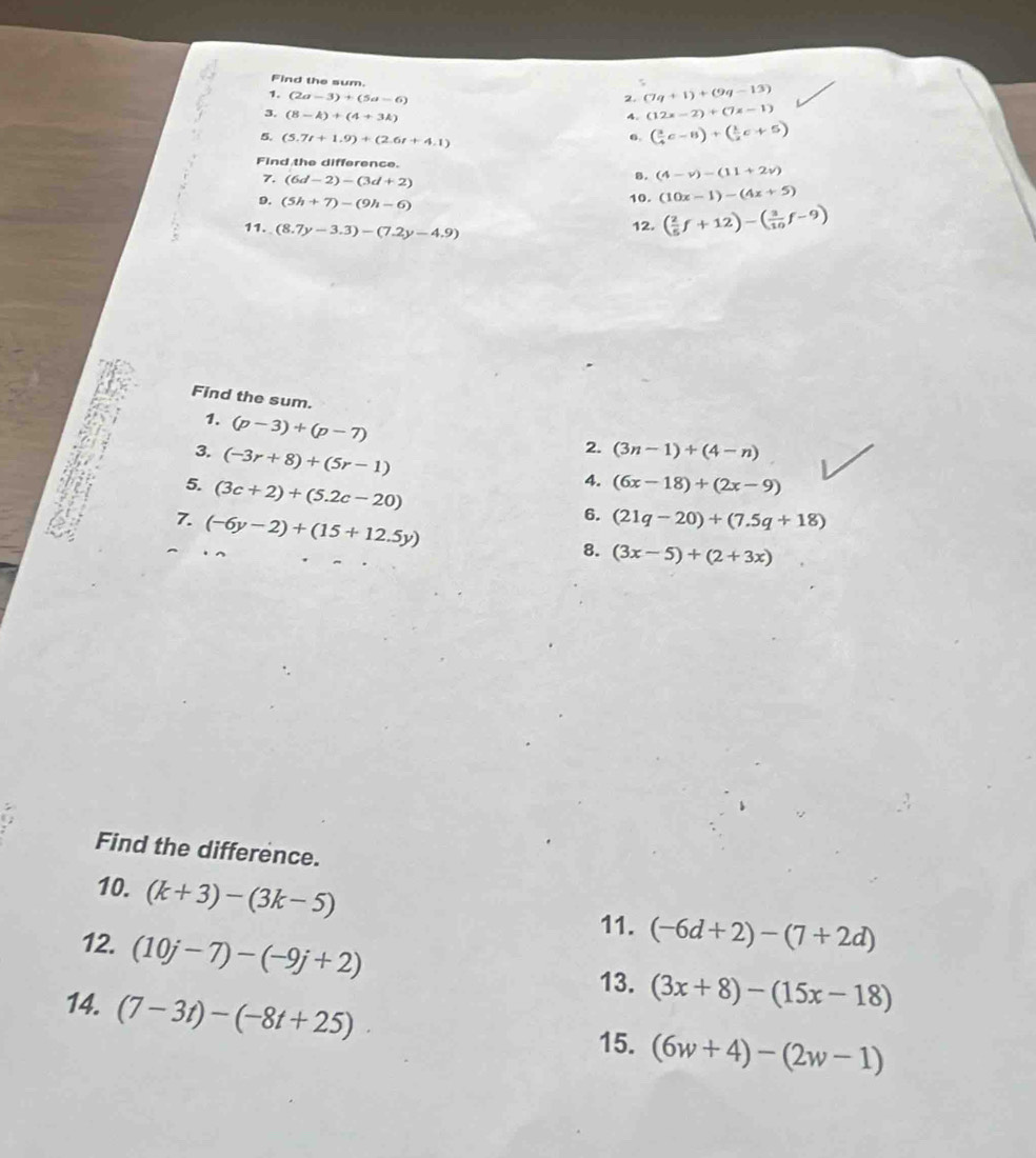 Solved: Find the sum. 5 1. (2a-3)+(5a-6) 2. (7q+1)+(9q-13) 2 3. (5.7t+1 ...
