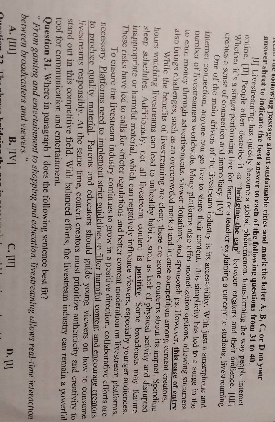 Giải quyết:tle following passage about sustainable cities and mark the ...