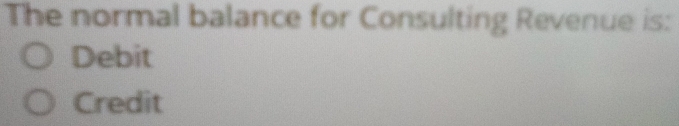 Solved: The normal balance for Consulting Revenue is: Debit Credit ...