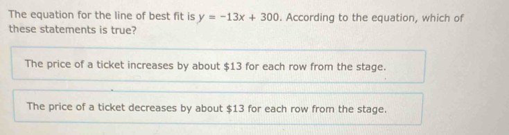 Solved: The equation for the line of best fit is y=-13x+300. According ...