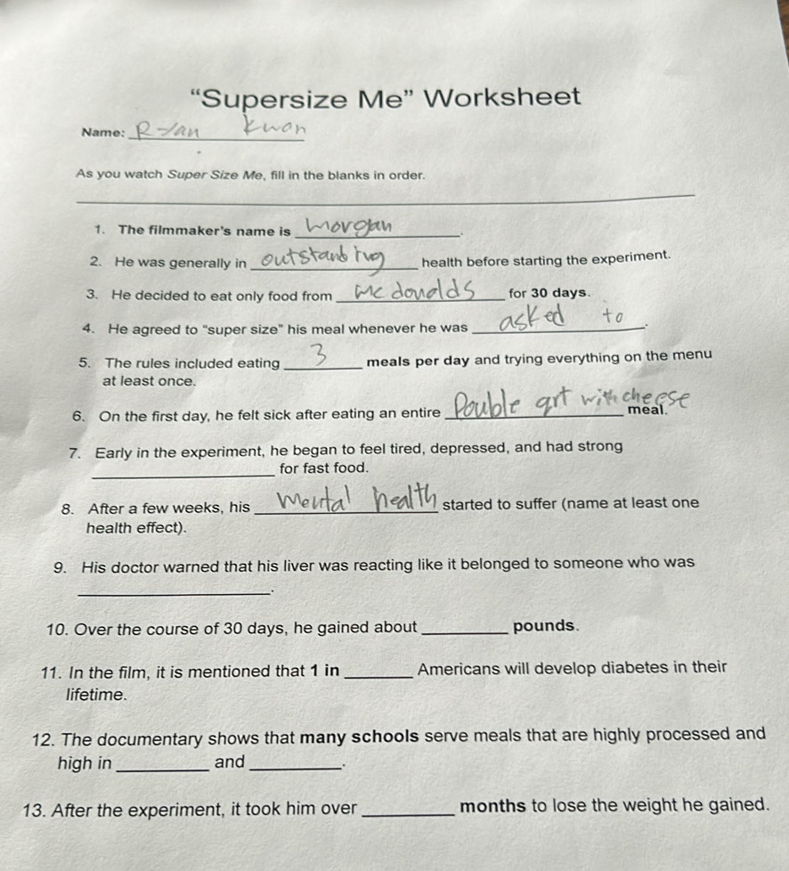 Solved: “Supersize Me” Worksheet Name:_ As you watch Super Size Me ...