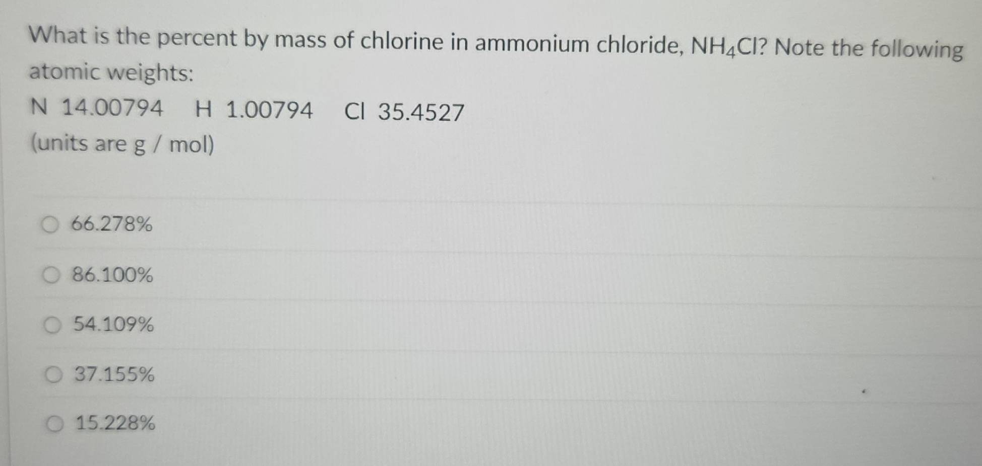 Solved: What is the percent by mass of chlorine in ammonium chloride ...