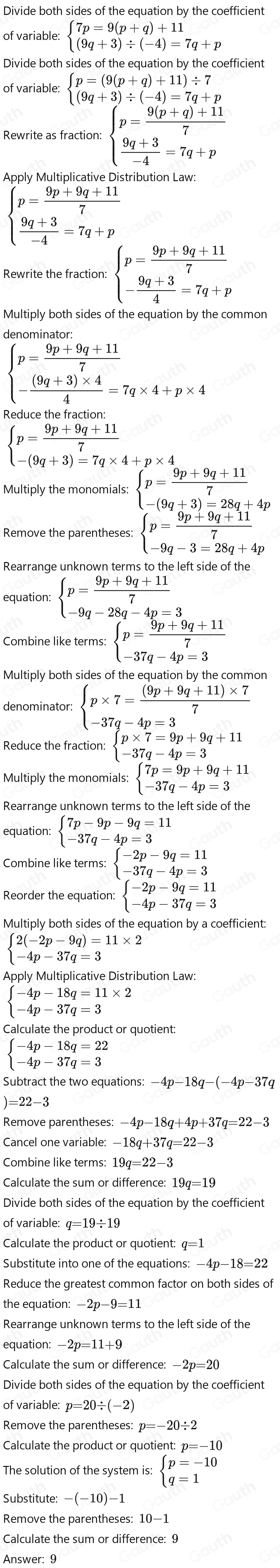 Solved: 7p=9(p+q)+11 9q+3=-4(7q+p) Consider the system of equations ...