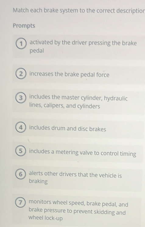 Solved: Match each brake system to the correct description Prompts ...