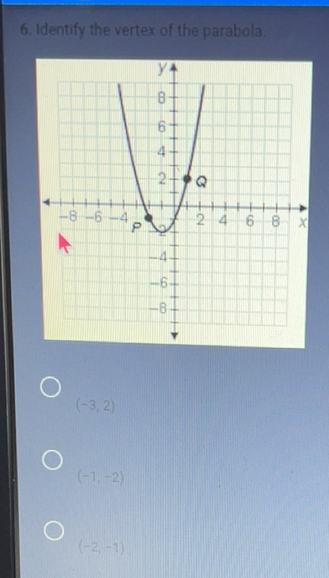 Gelöst:Identify the vertex of the parabola. (-3,2) (-1,-2) (-2,-1)